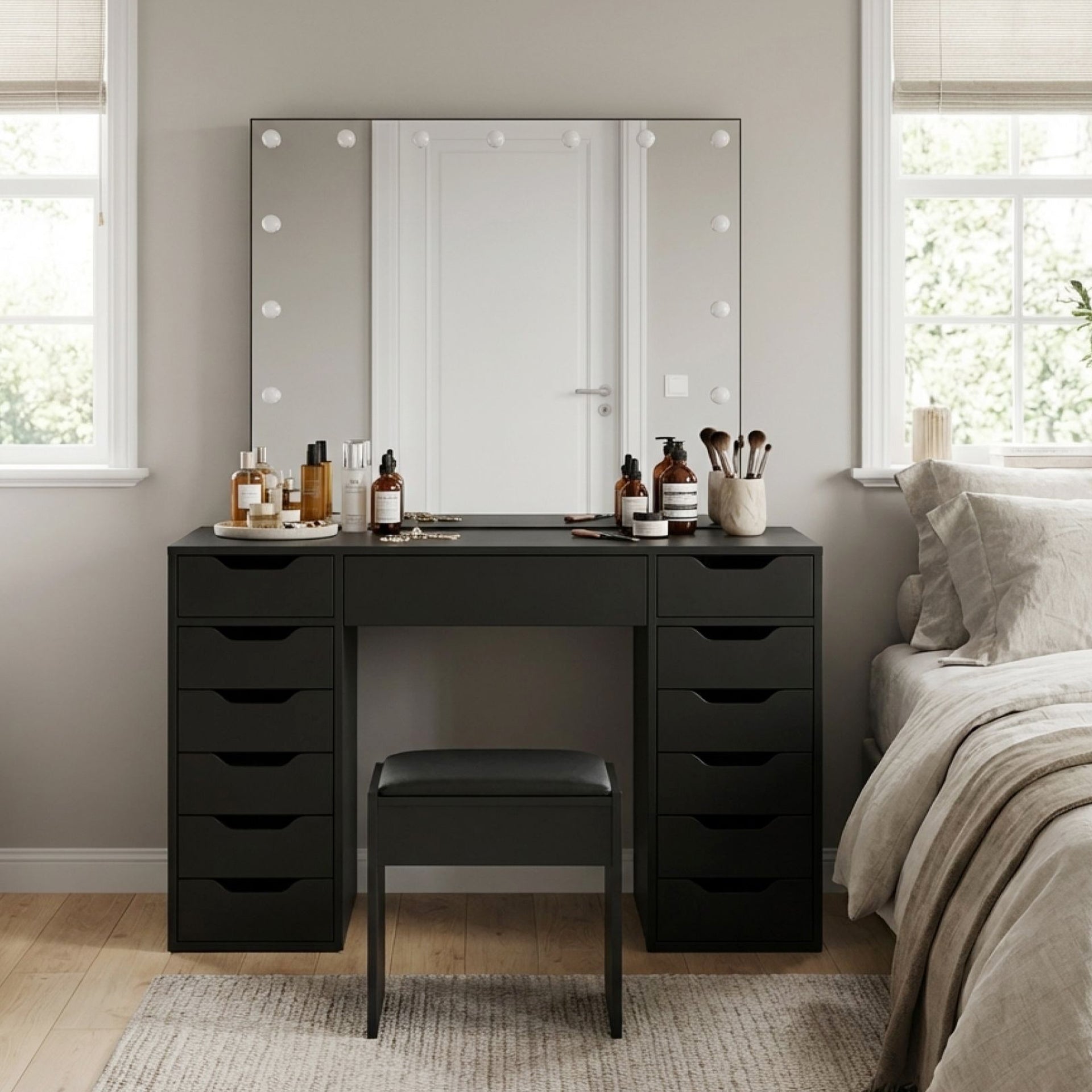 Lustra 2 Piece Dressing Table with Mirror & Stool Set - Black
