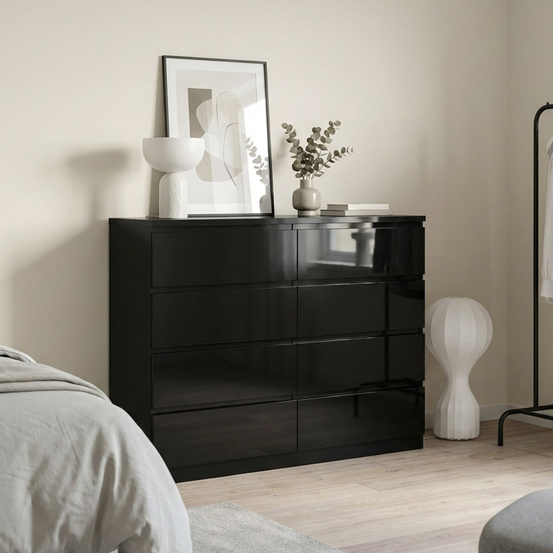 Angeles High Gloss 8 Drawer Lowboy - Black