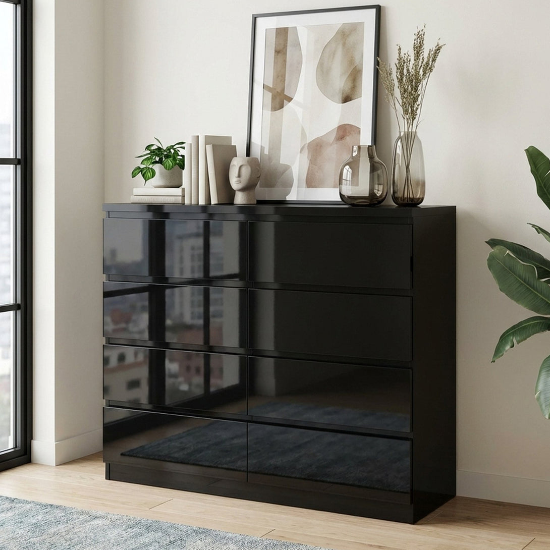 Angeles High Gloss 8 Drawer Lowboy - Black