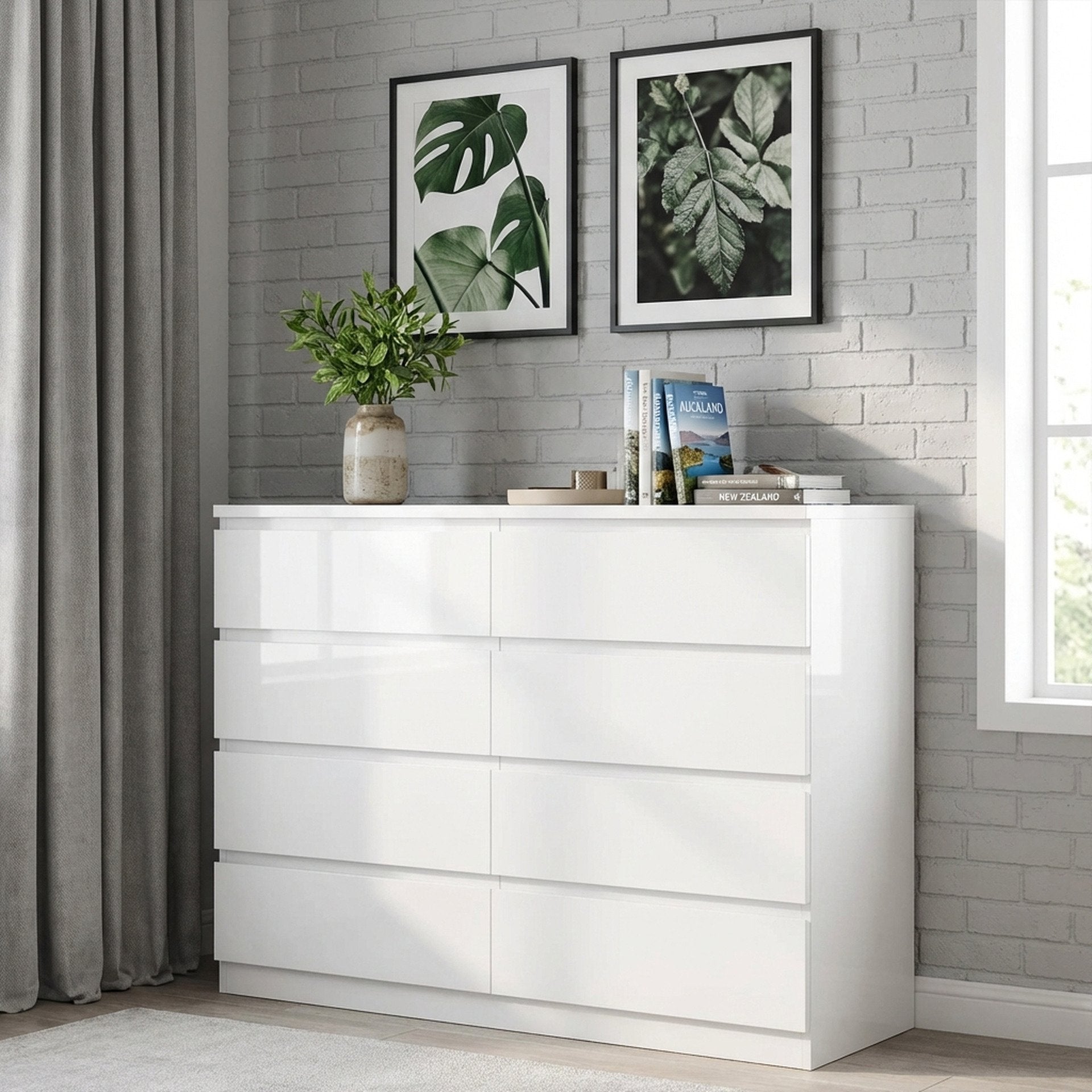 Angeles High Gloss 8 Drawer Lowboy - White