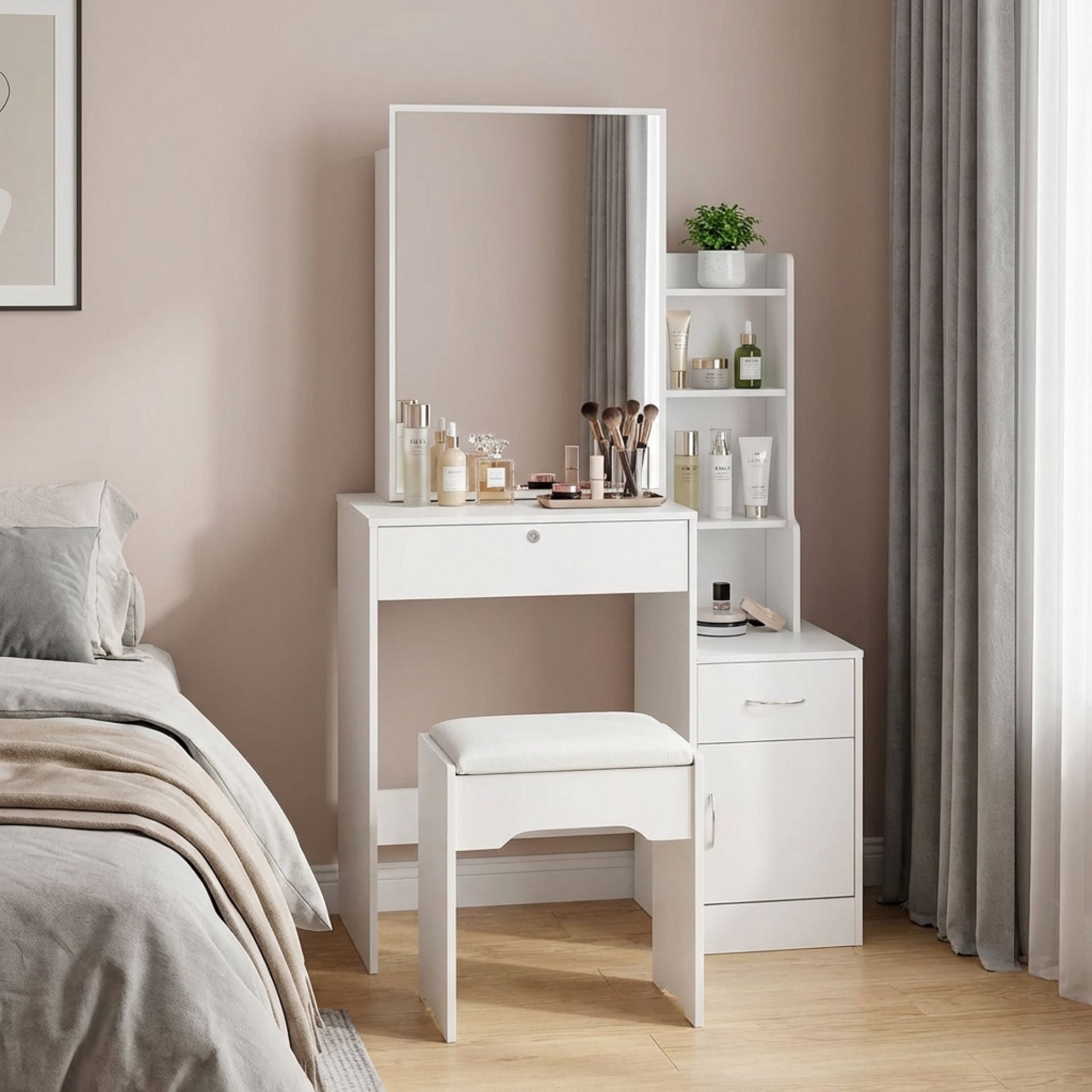 Magnolia Sliding Door Mirror Dressing Table Set 2pcs - White