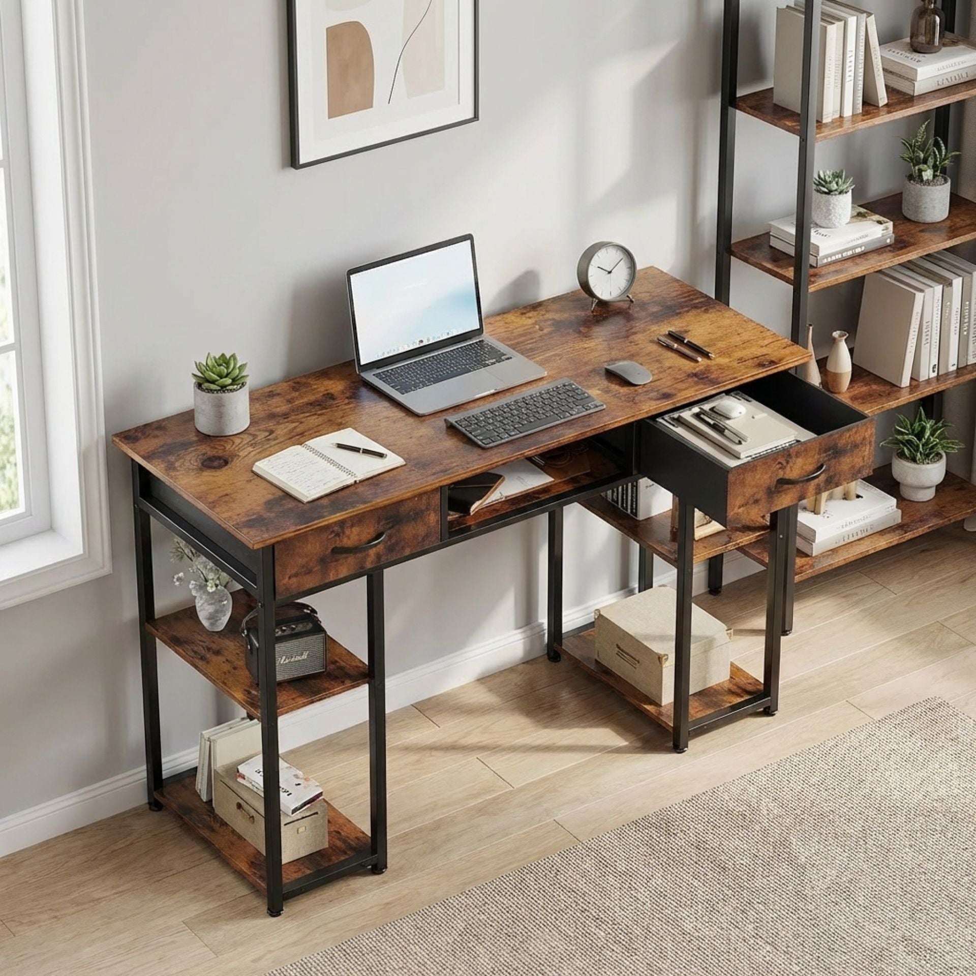 Richard 120m Computer Desk With Bookshelf - Rustic Brown