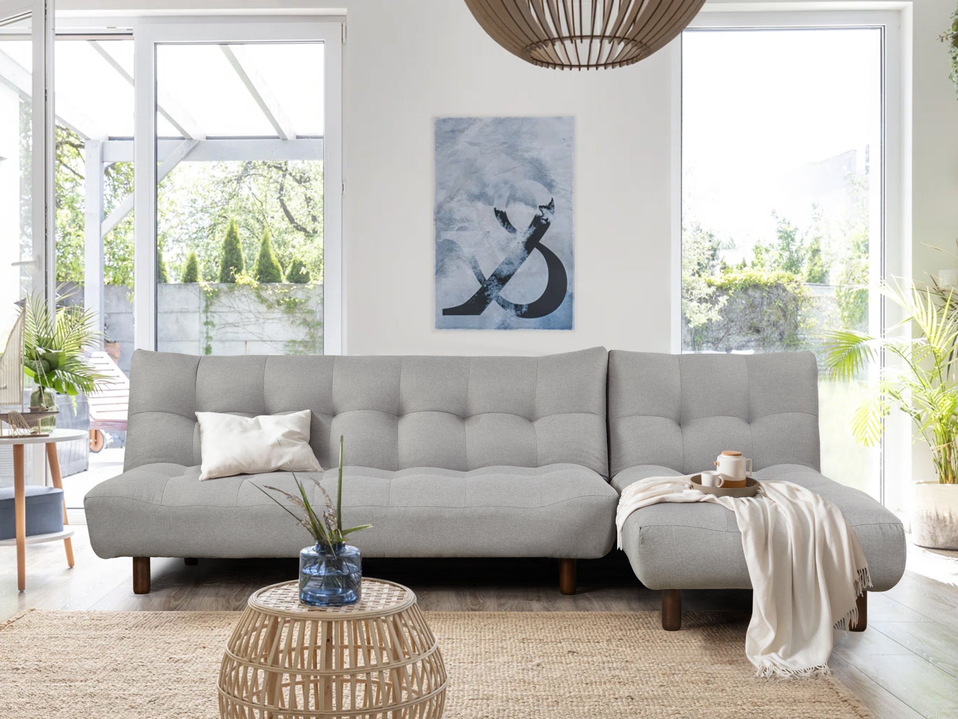 HELENA 3 Seater Fabric Sofa Bed Futon with Chaise - LIGHT GREY