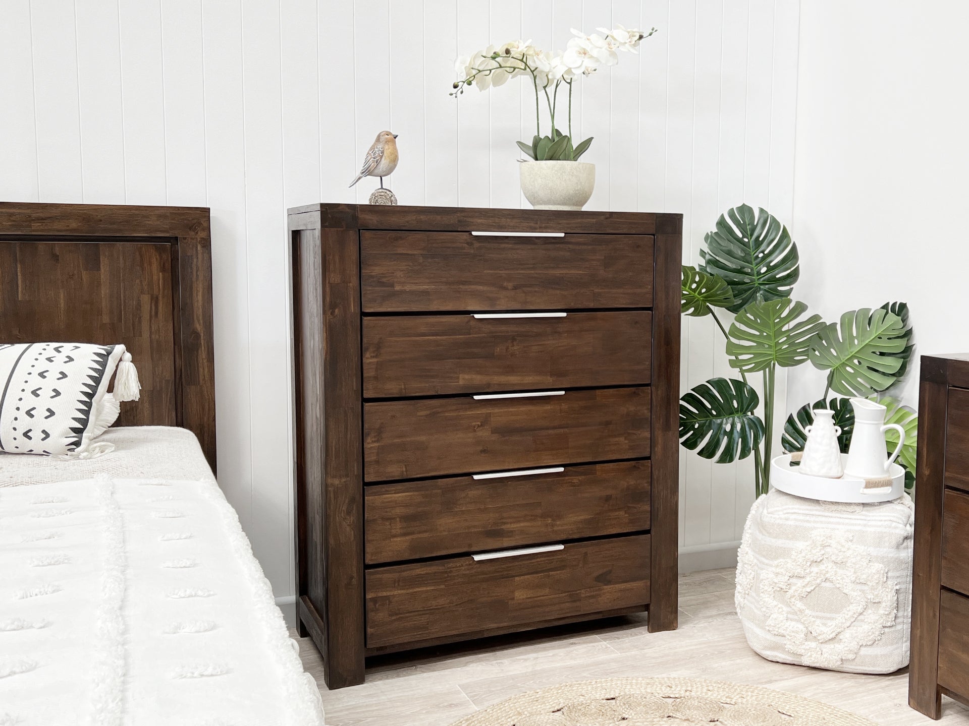 Jarvis Solid Acacia Wood 5 Drawer Tallboy - Caramel