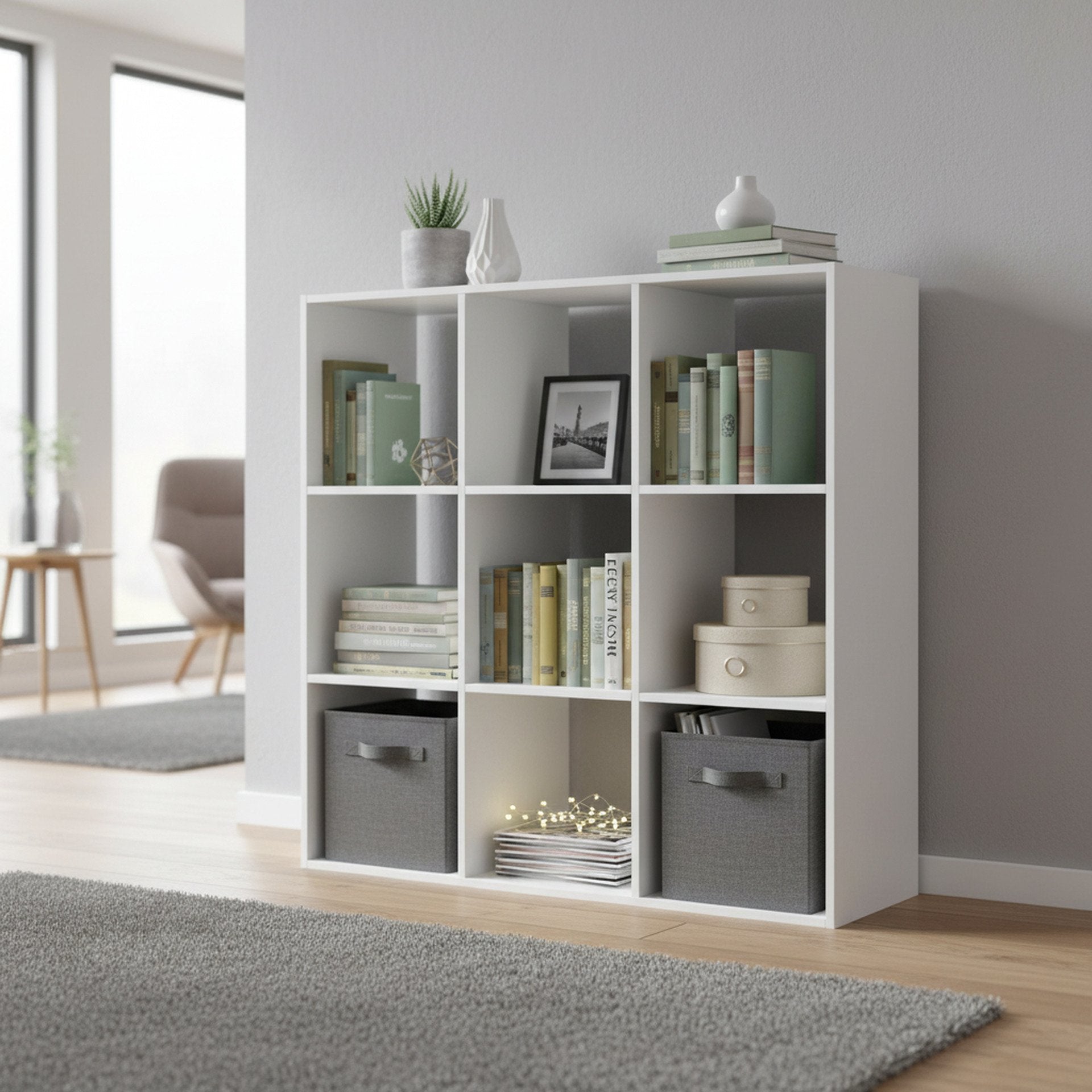 KIVU 9 Cube Square Bookshelf - White | Modern & Functional