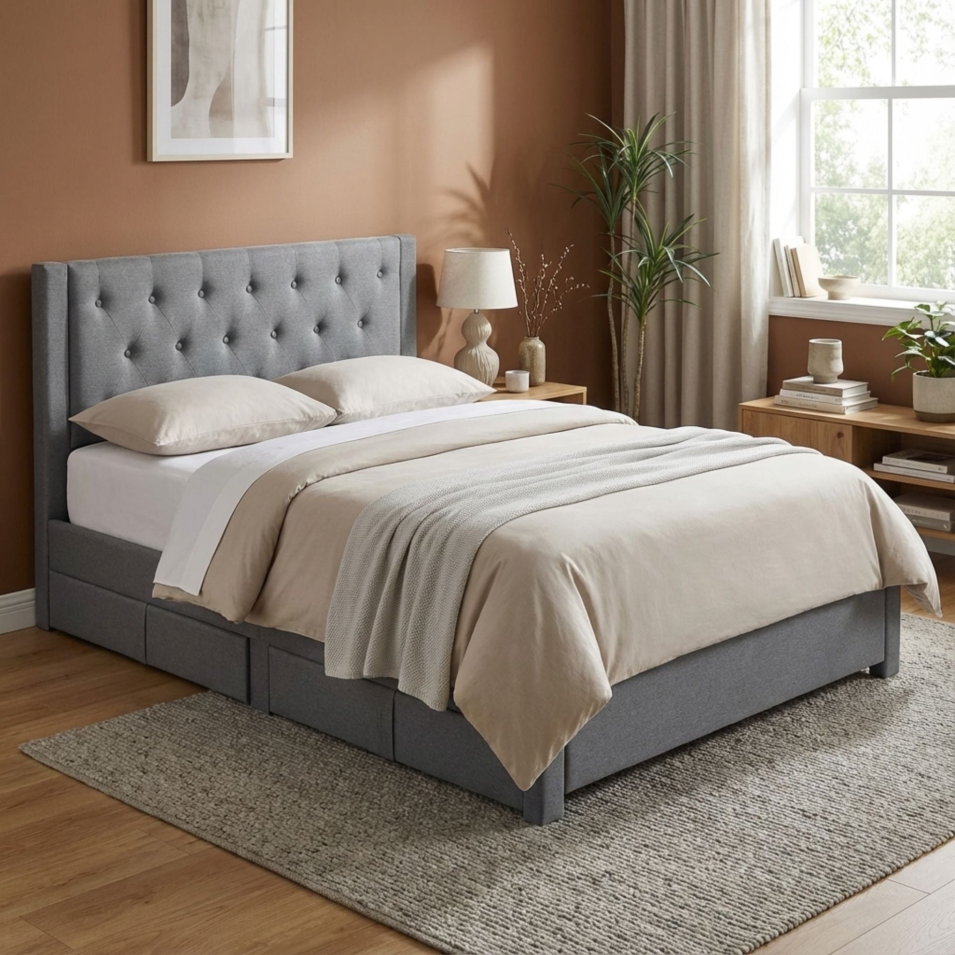 Thornton Queen Fabric Bed Frame with 4 Drawers - Light Grey