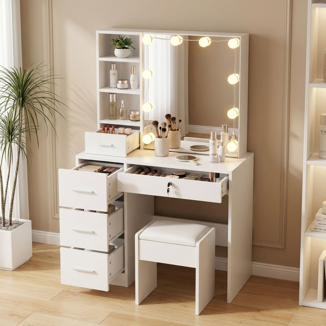 Freesia 2 Piece Dressing Table with Mirror & Stool Set - White