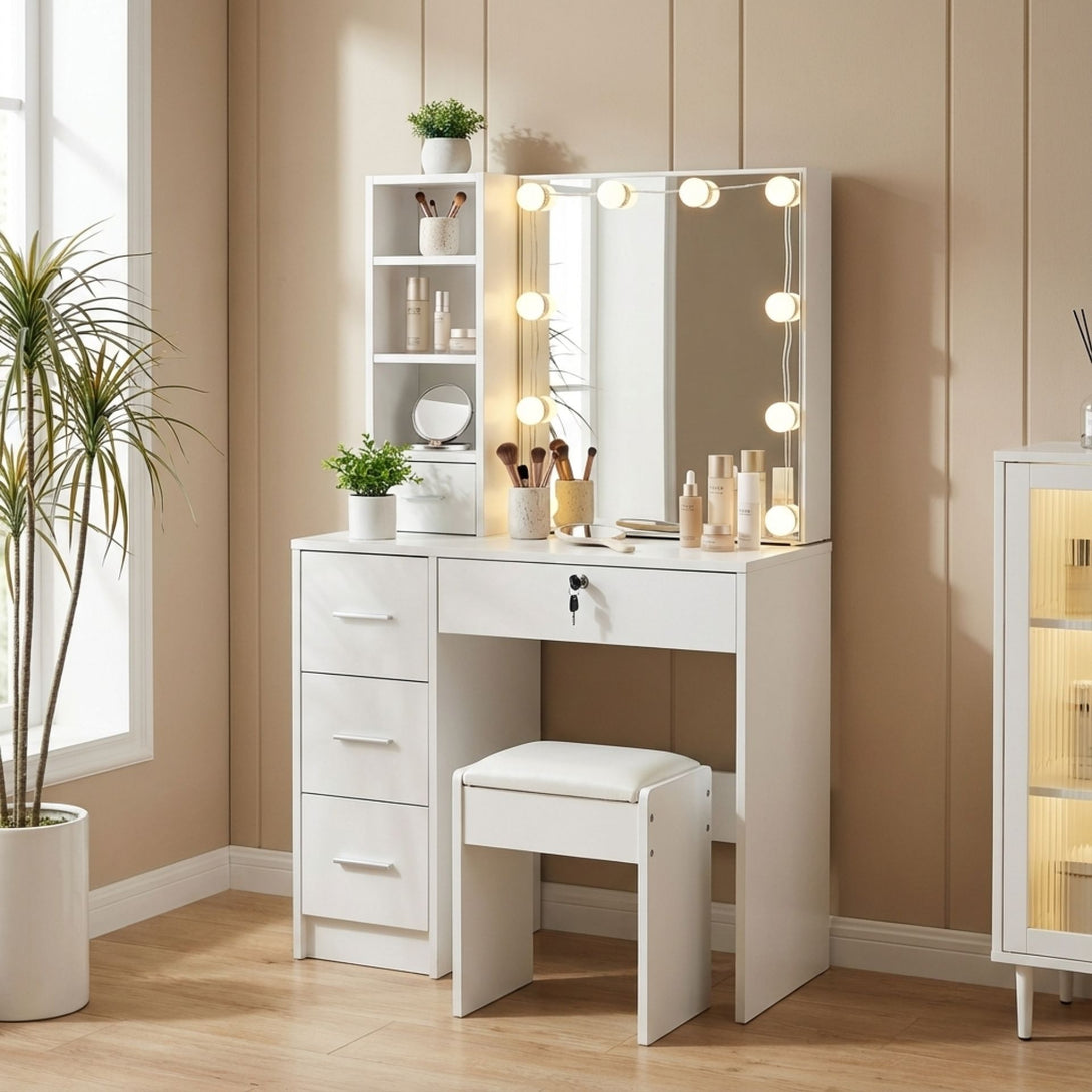 Freesia 2 Piece Dressing Table with Mirror & Stool Set - White