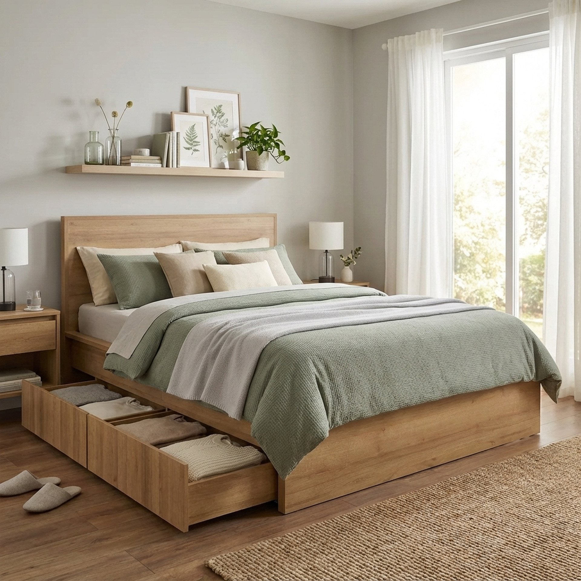 Harris Double Wooden Bed Frame with Storage - Oak