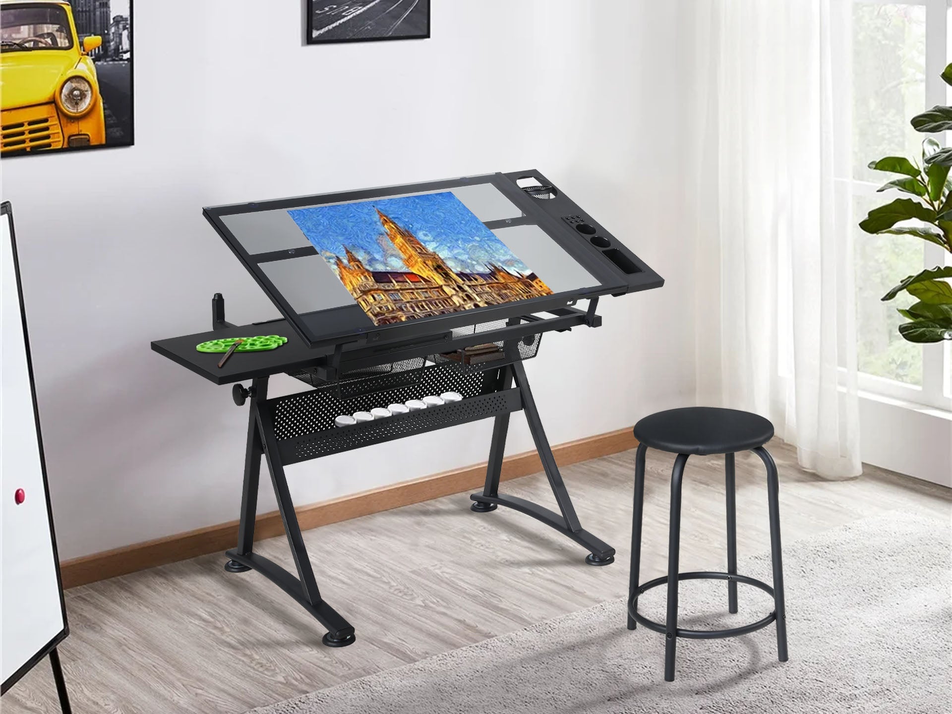 Oliver Height Adjustable Drafting Table with Stool - Black