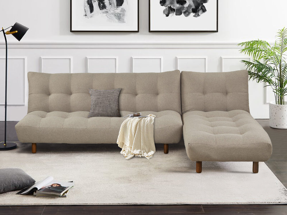 HELENA 3 Seater Fabric Sofa Bed Futon with Chaise - WARM STONE